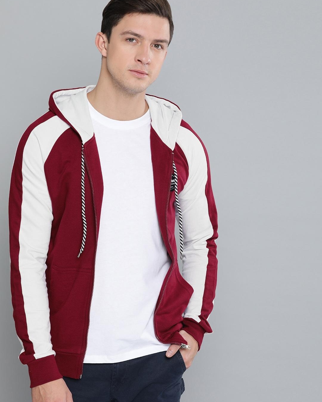 Buy Men's Maroon & White Color Block Hoodie Online at Bewakoof