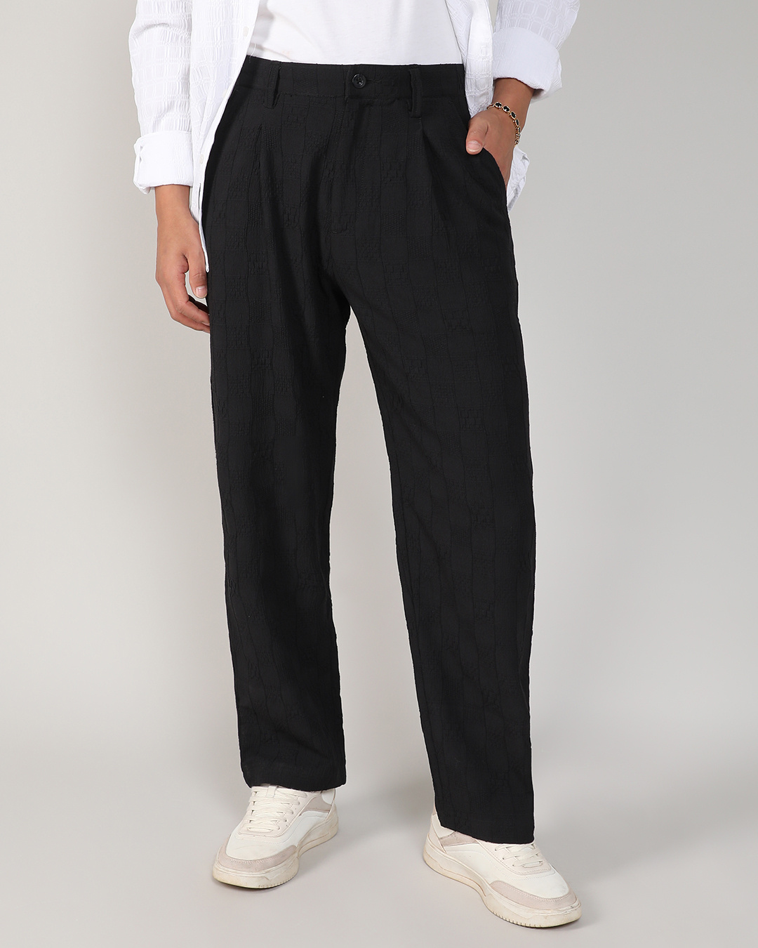 Buy Men's Midnight Black Textured Loose Comfort Fit Pants Online at ...