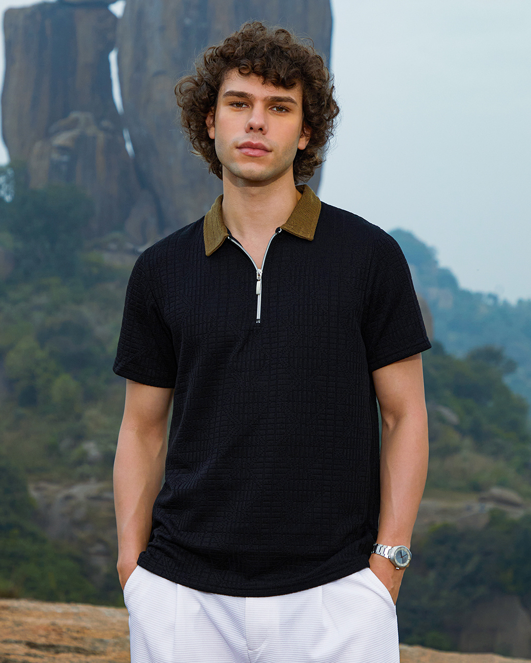 Buy Men's Midnight Black Textured Polo T-shirt Online at Bewakoof