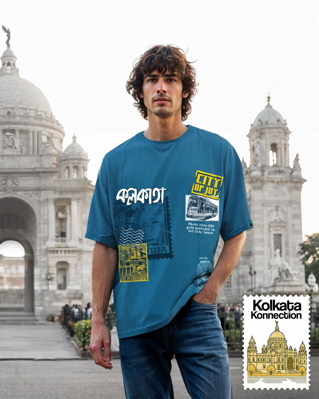 Buy Men's Morrocan Blue Kolkata City Of Joy Graphic Printed Oversized T ...