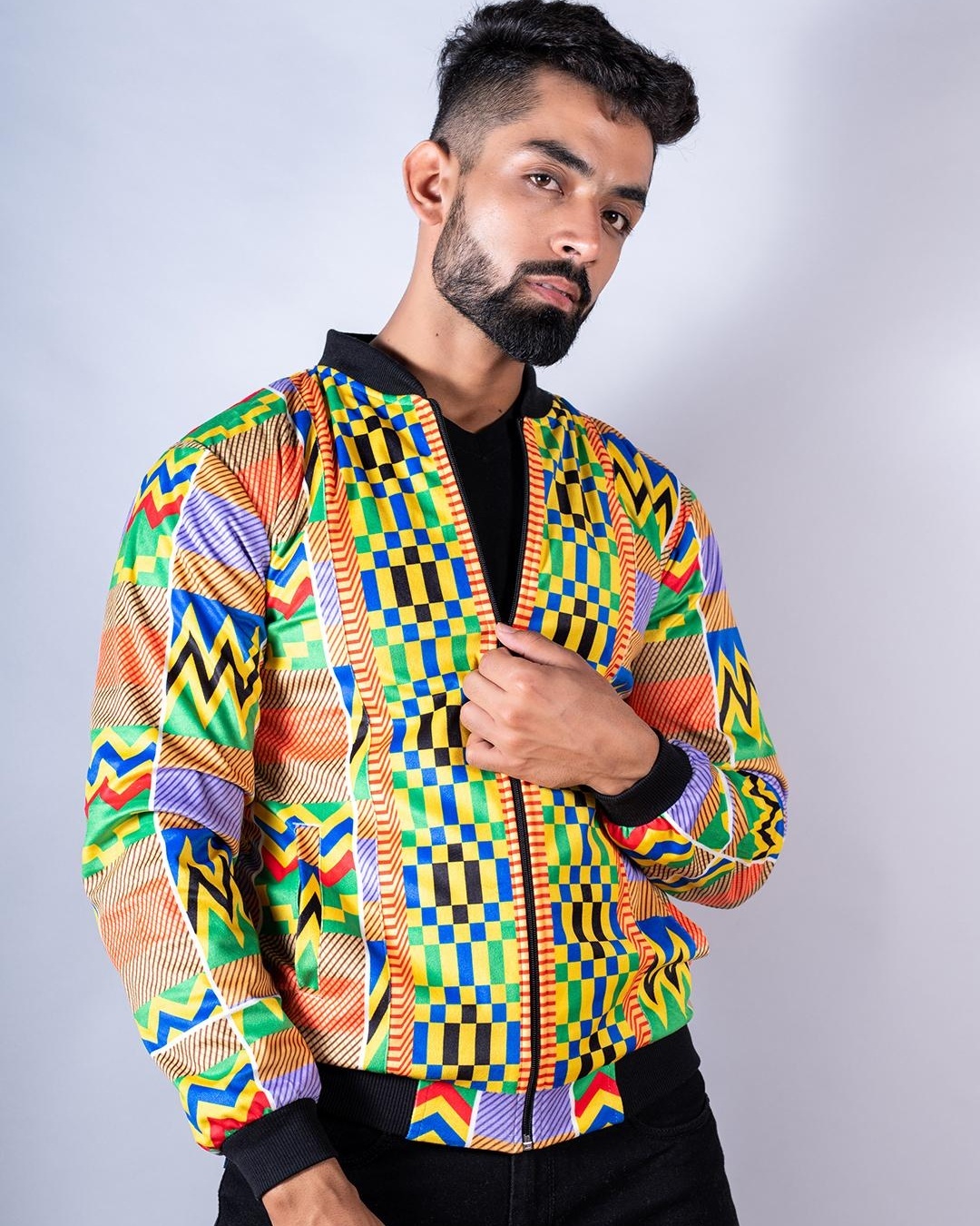 Buy Men's Multicolor Geometric Printed Relaxed Fit Velvet Jacket Online ...