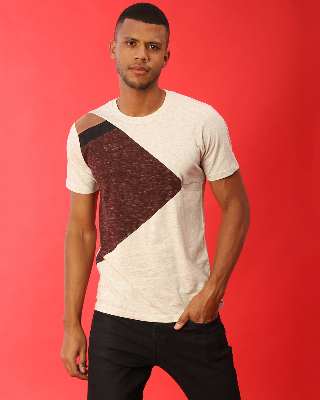 Buy Men's Beige Color Block T-shirt Online at Bewakoof