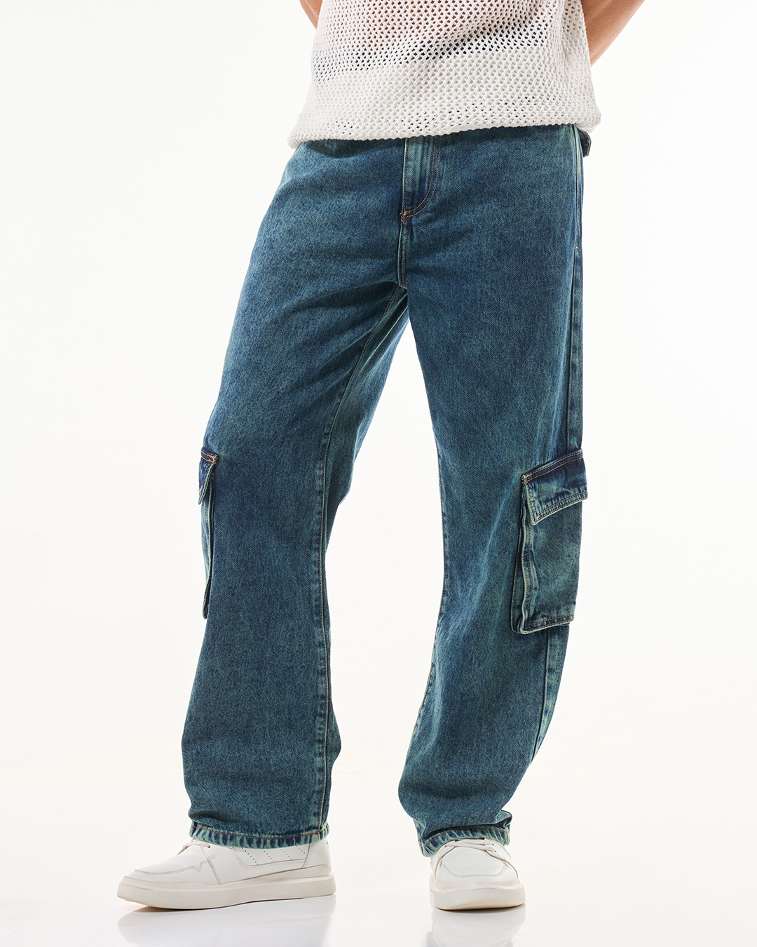 Buy Men's Navy Blue Washed Baggy Straight Fit Cargo Jeans Online at ...