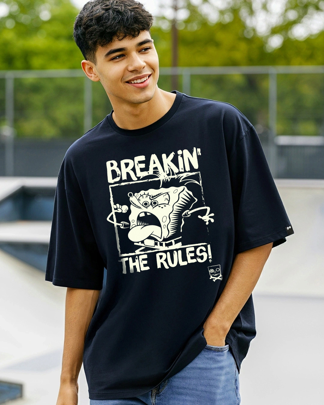Buy Men's Navy Blue Breaking The Rules Graphic Printed Oversized T ...