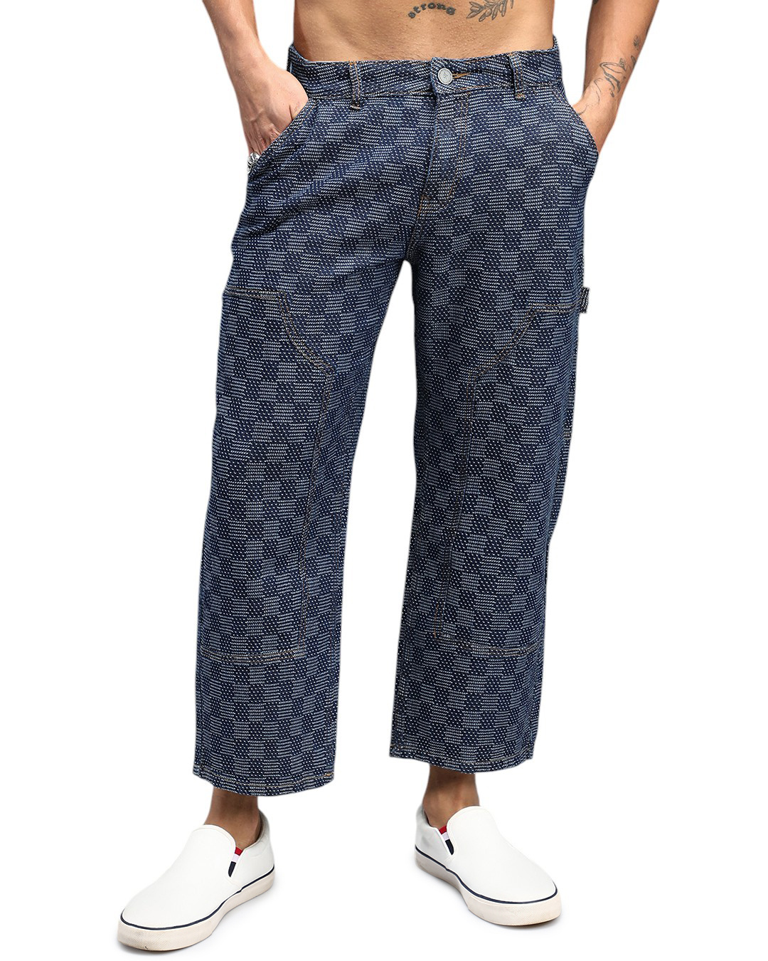 Buy Men's Navy Blue Checks Relaxed Fit Cargo Carpenter Jeans Online at ...