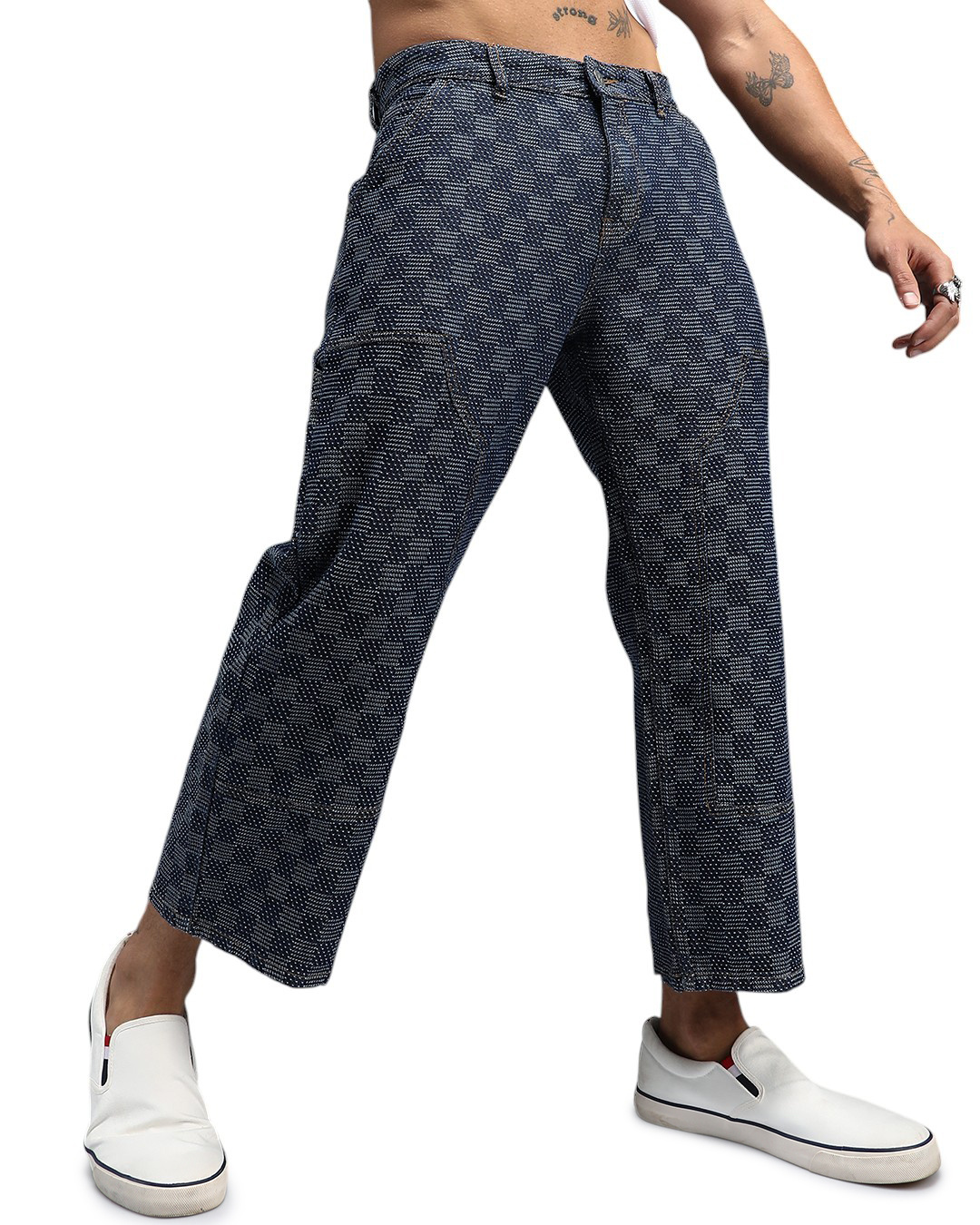 Buy Men's Navy Blue Checks Relaxed Fit Cargo Carpenter Jeans Online at ...