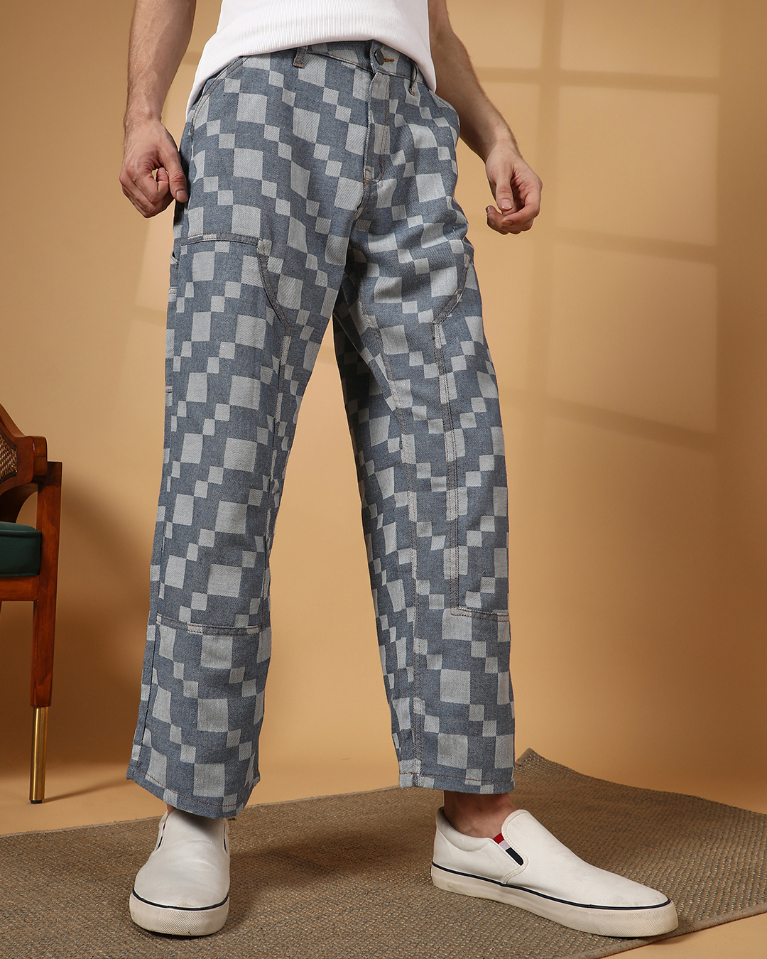 Buy Men's Navy Blue Color Block Straight Fit Cargo Carpenter Jeans ...