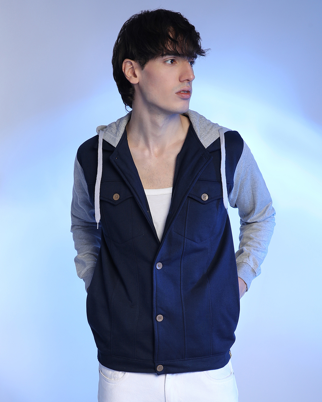 Buy Men's Navy Blue & Grey Color Block Hooded Jacket Online at Bewakoof