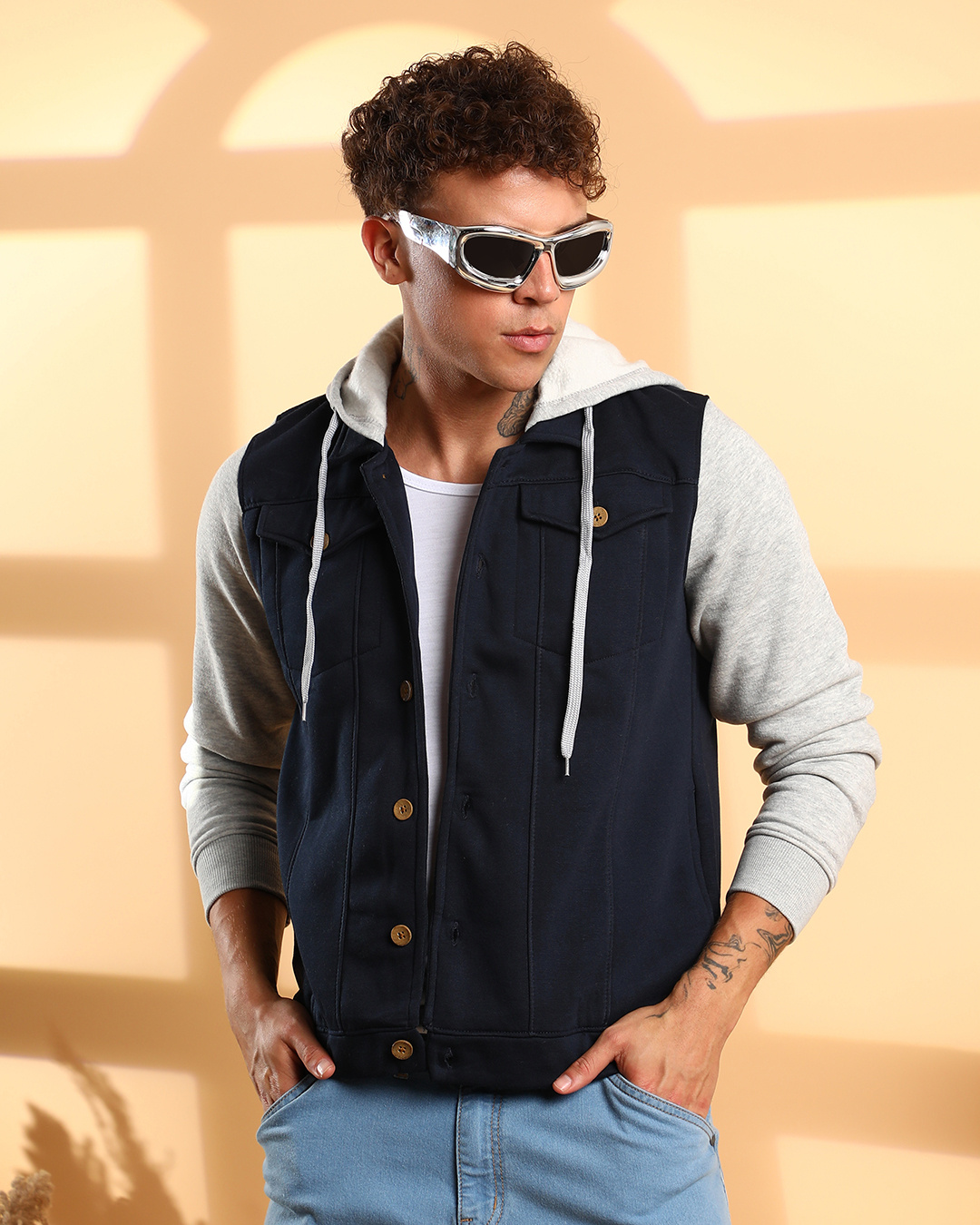 Buy Men's Navy Blue & Grey Color Block Jacket Online at Bewakoof