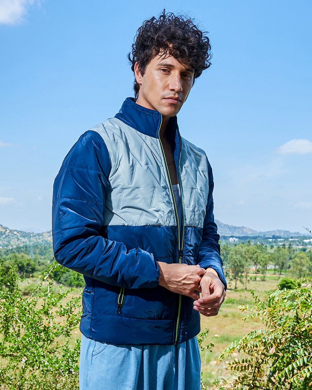 Buy Men's Navy Blue & Light Grey Color Block Zipper Puffer Jacket ...
