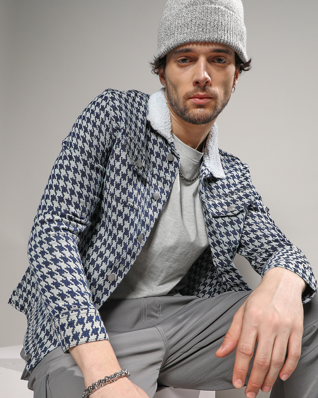 Buy Men's Navy Blue & Moon Grey All Over Printed Denim Jacket Online at ...