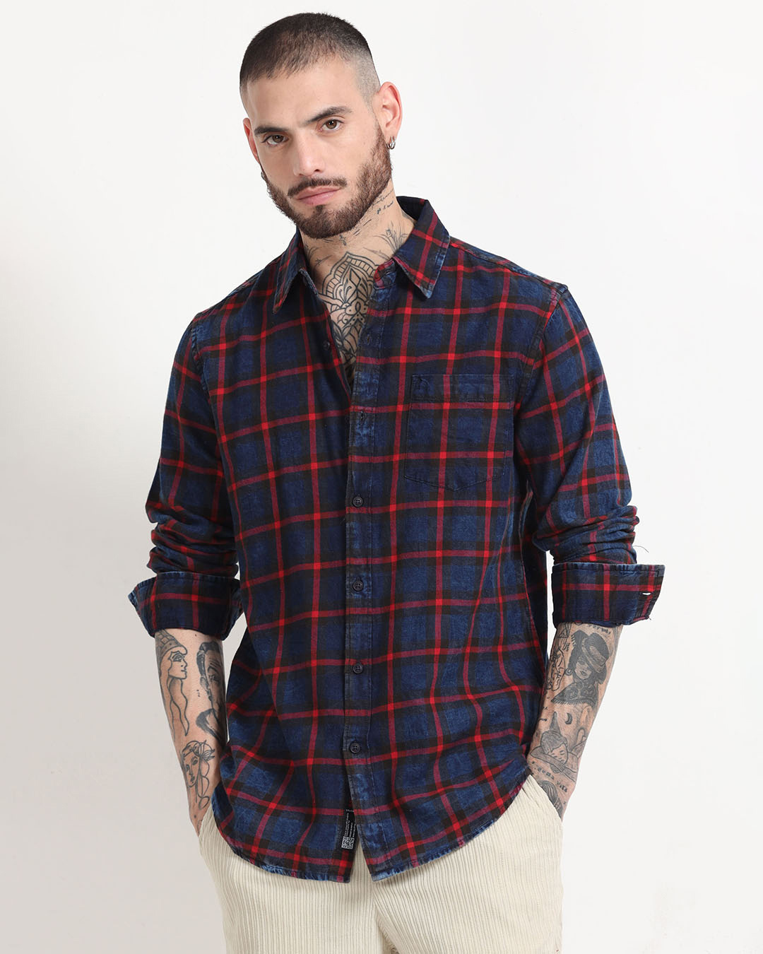 Buy Men's Navy Blue & Red Checked Denim Shirt Online at Bewakoof