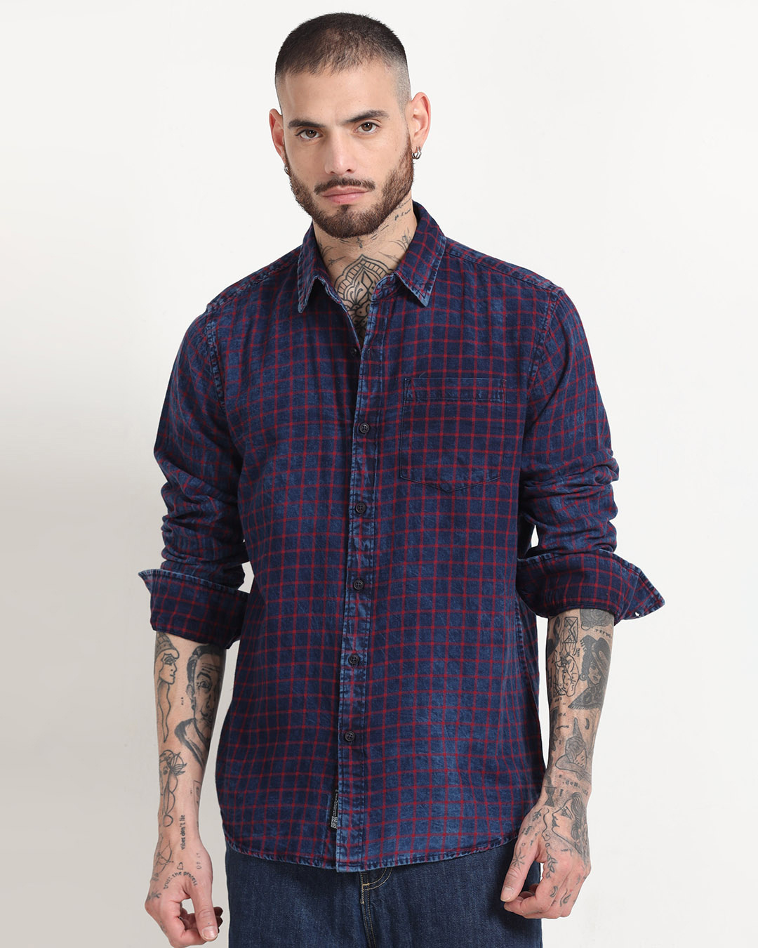 Buy Men's Navy Blue & Red Checked Denim Shirt Online at Bewakoof