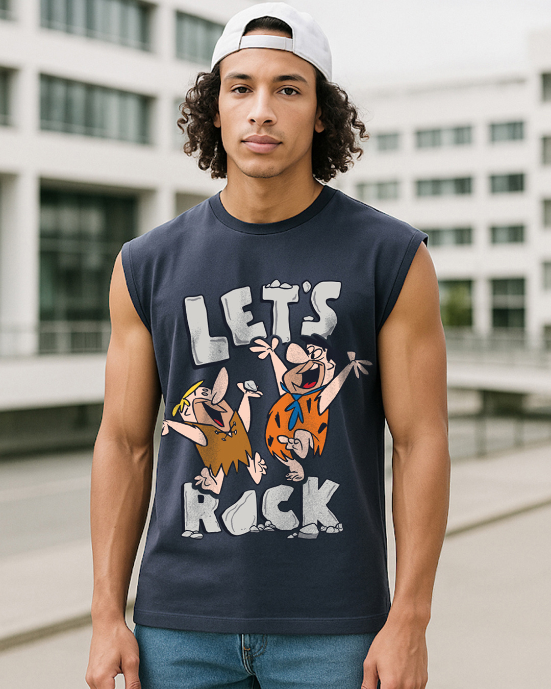 Buy Men's Navy Blue Rock N Roll Graphic Printed Boxy Fit Vest Online at ...