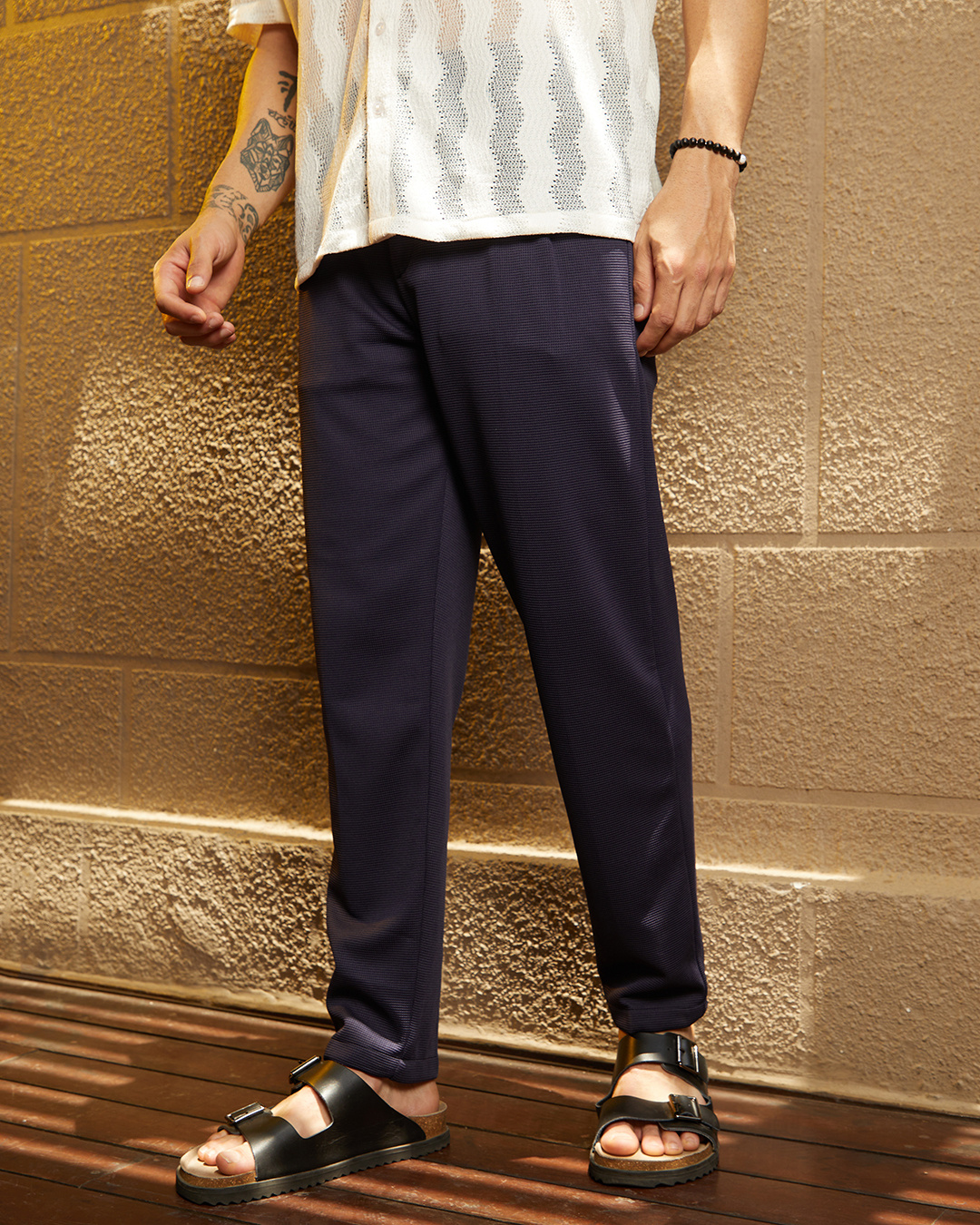 Buy Men's Navy Blue Textured Pants Online at Bewakoof