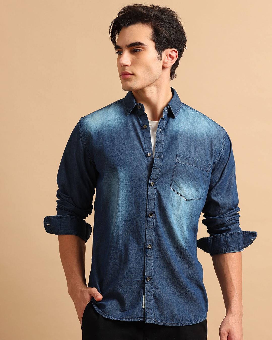 Buy Men's Navy Blue Washed Shirt Online at Bewakoof