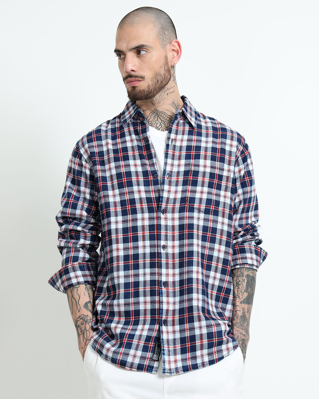 Buy Men's Navy Blue & White Checked Denim Shirt Online at Bewakoof