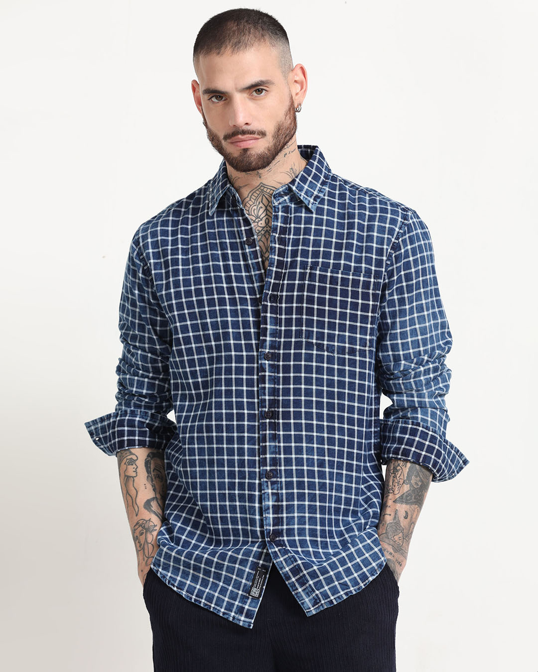 Buy Men's Navy Blue & White Checked Denim Shirt Online at Bewakoof