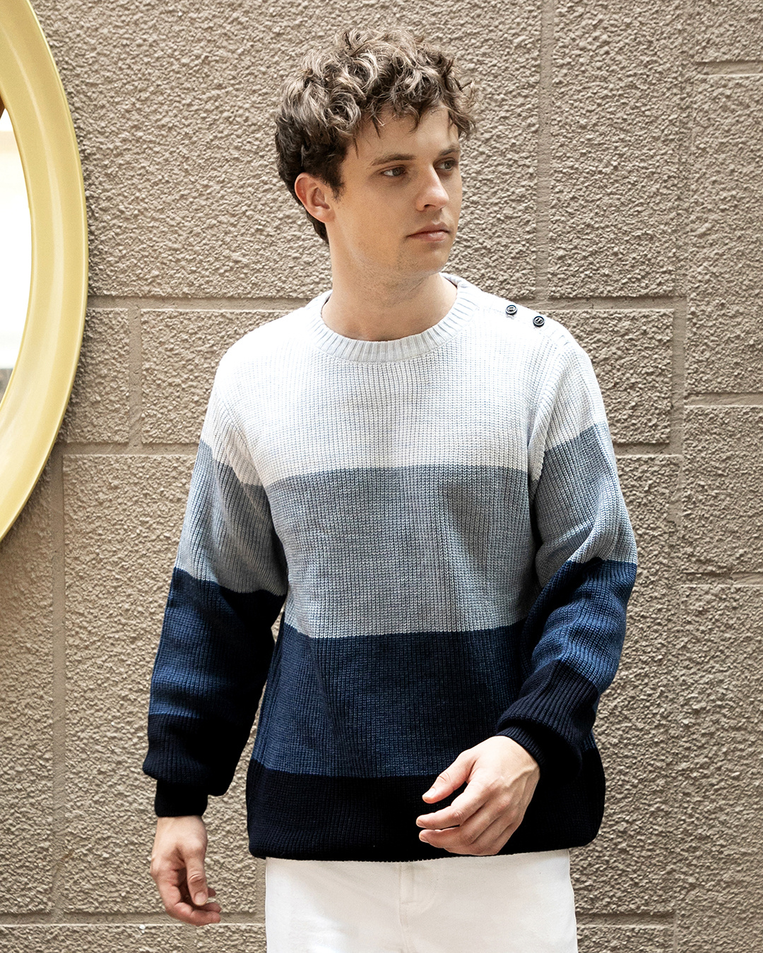 Buy Men's Navy Blue & White Color Block Sweater Online at Bewakoof
