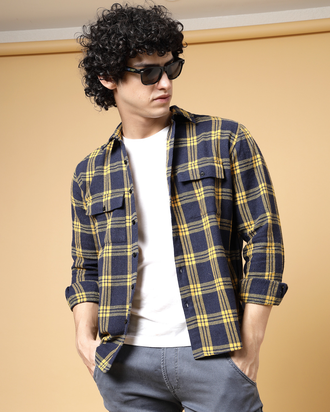 Buy Men's Navy Blue & Yellow Flannel Checked Oversized Shacket Online ...