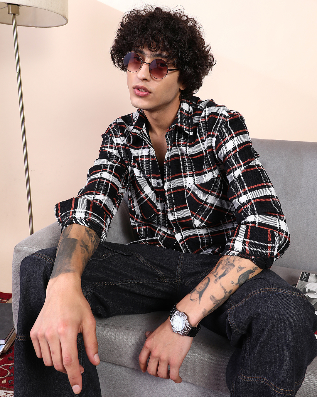 Buy Men's Obsidian Black & Daisy White Checked Oversized Shacket Online ...