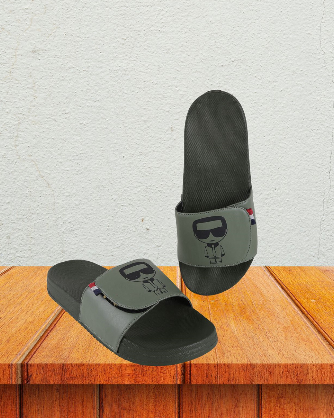 Buy Men's Olive Green Cartoon Printed Velcro Sliders Online in India at ...