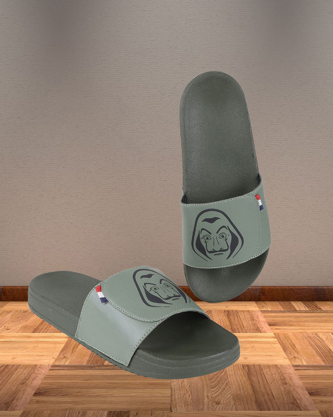 Buy Men's Olive Green Cartoon Printed Velcro Sliders Online in India at ...