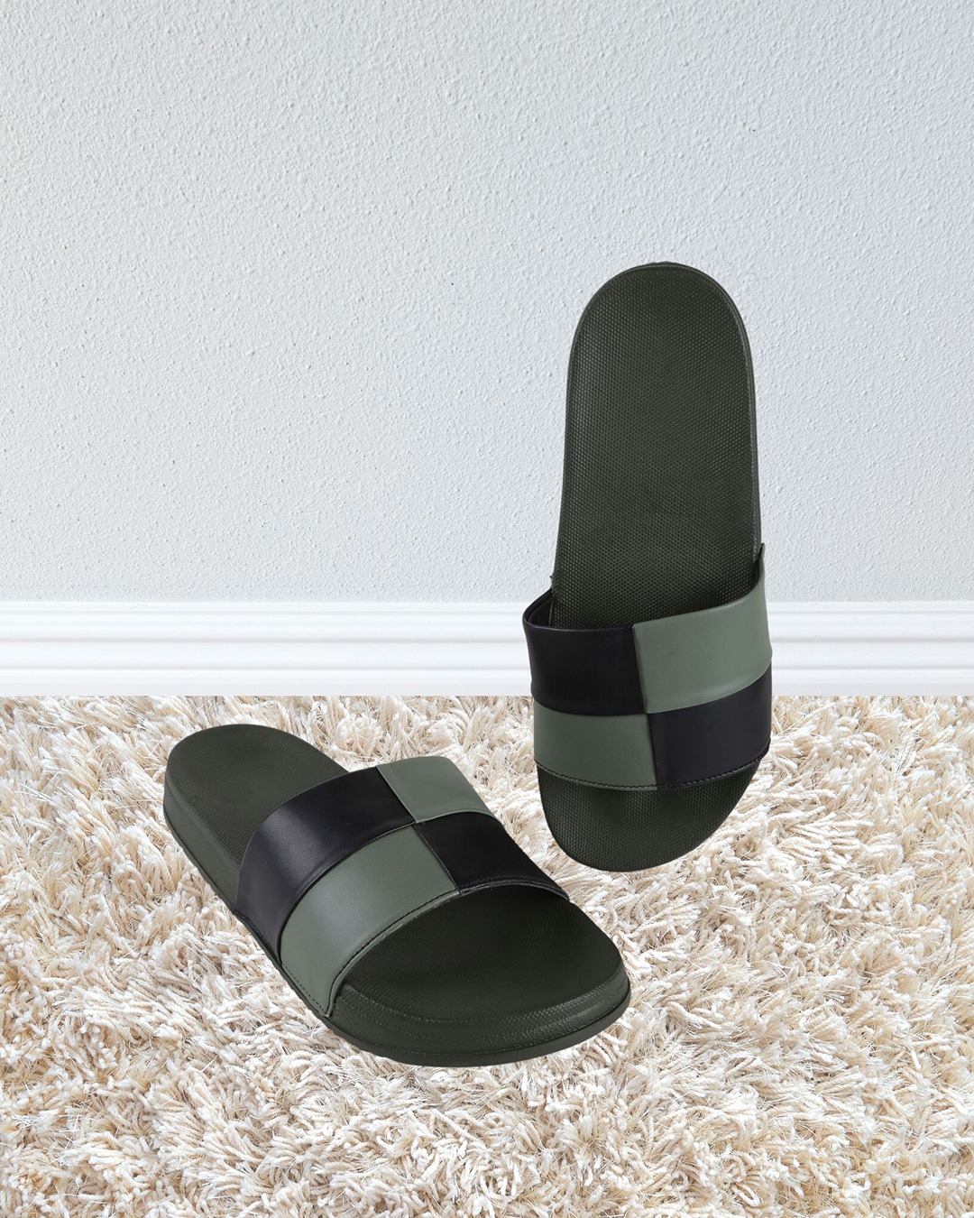 Buy Men's Olive Green Color Block Sliders Online in India at Bewakoof