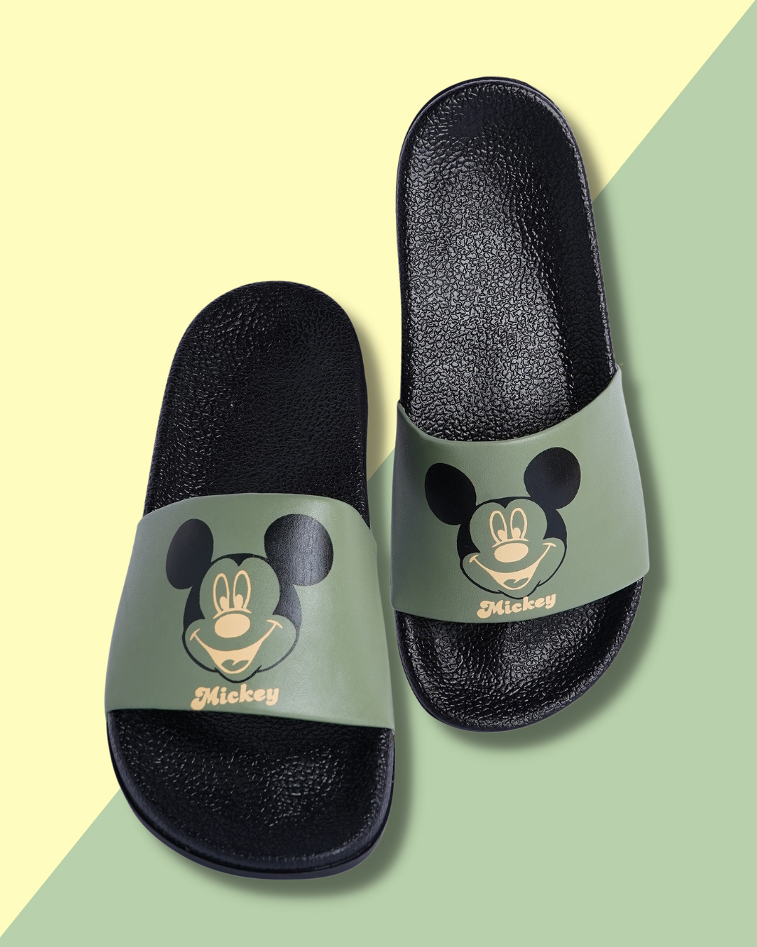 Buy Men's Olive Mickey Mouse Printed Sliders Online in India at Bewakoof