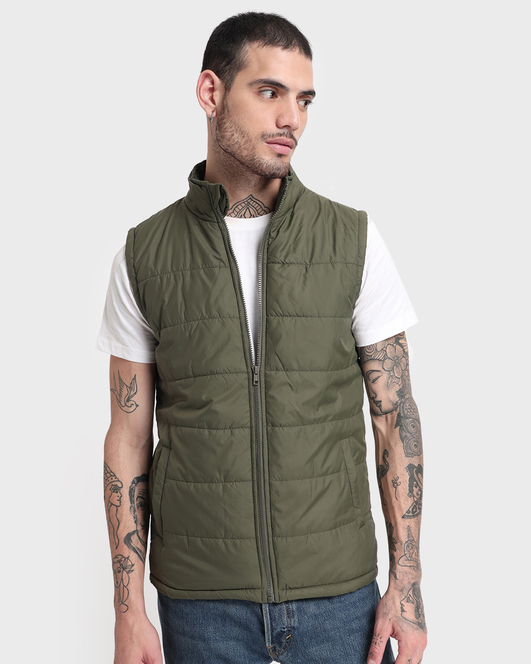 Buy Men's Olive Sleeveless Puffer Jacket Online at Bewakoof