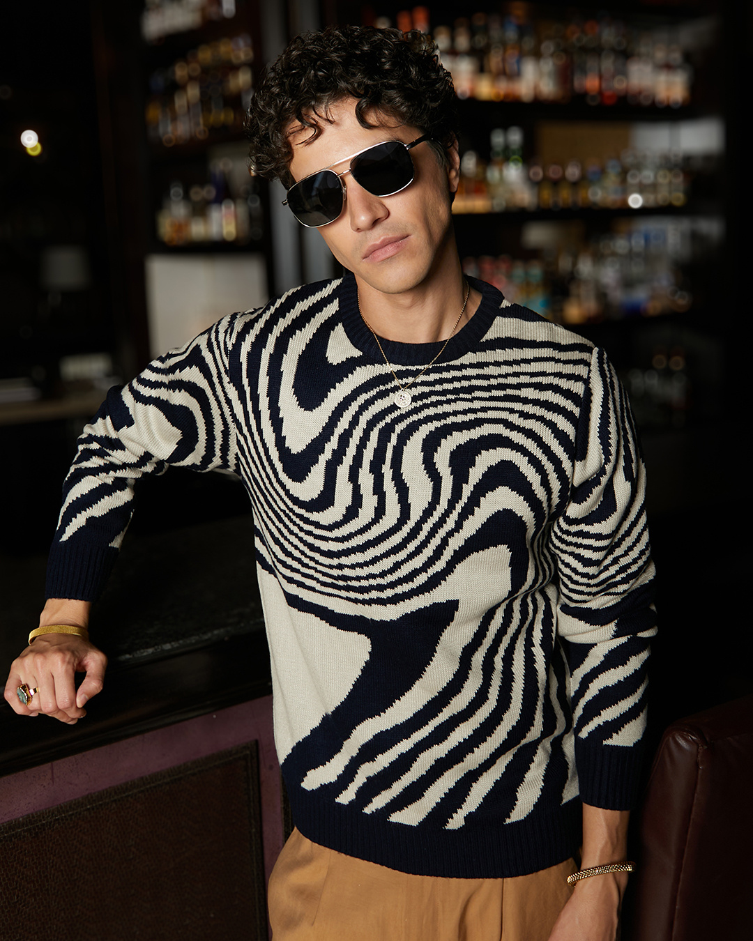 Buy Men's Onyx Black & Beige Abstract Printed Sweater Online at Bewakoof
