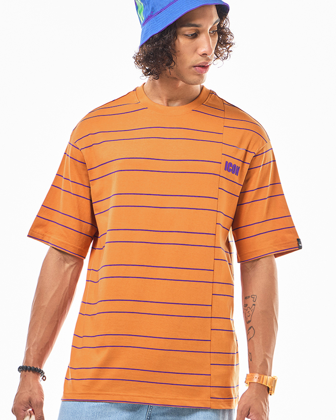 Buy Men's Orange Icon Striped Oversized T-shirt Online at Bewakoof