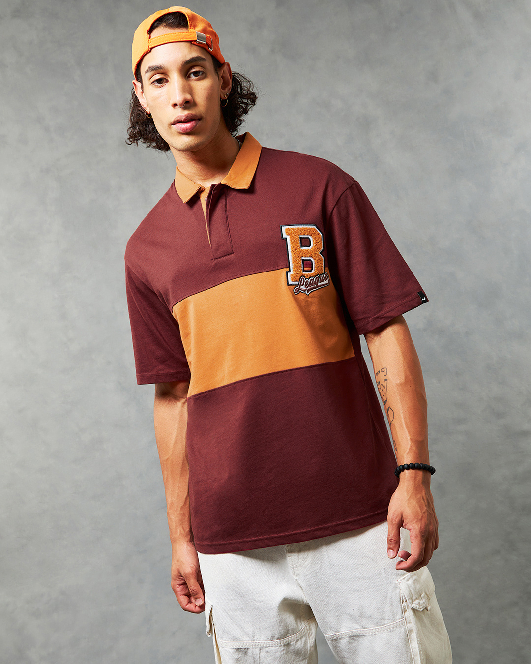 Buy Men's Brick Red & Orange B League Color Block Oversized Polo T ...