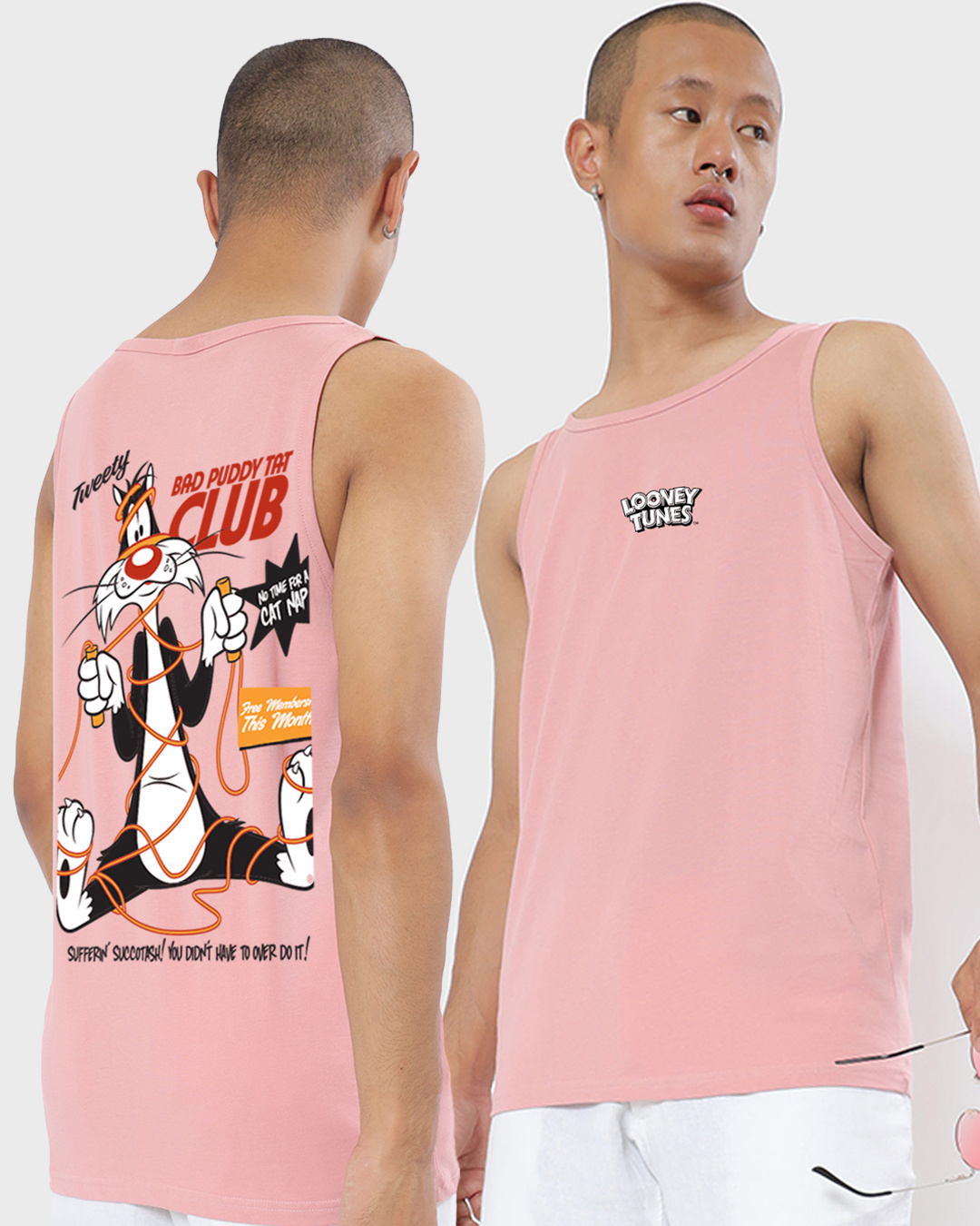 Buy Men's Pink Bad Puddy Tat Club Graphic Printed Vest Online at Bewakoof