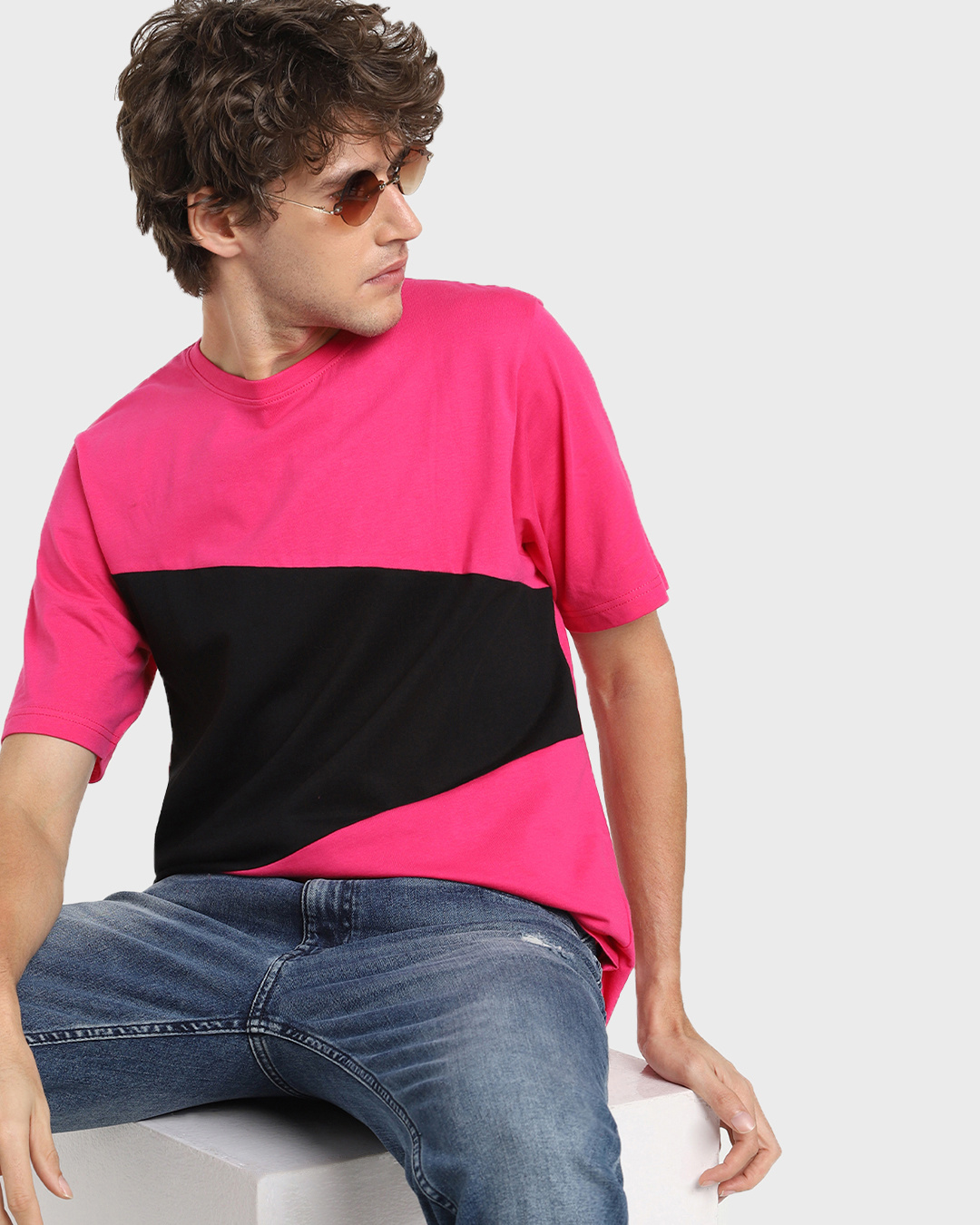 Buy Men's Pink & Black Color Block Oversized T-shirt Online at Bewakoof