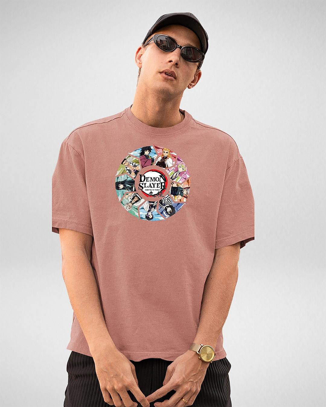 Buy Men's Pink Demon Slayer Graphic Printed Oversized T-shirt for Men ...