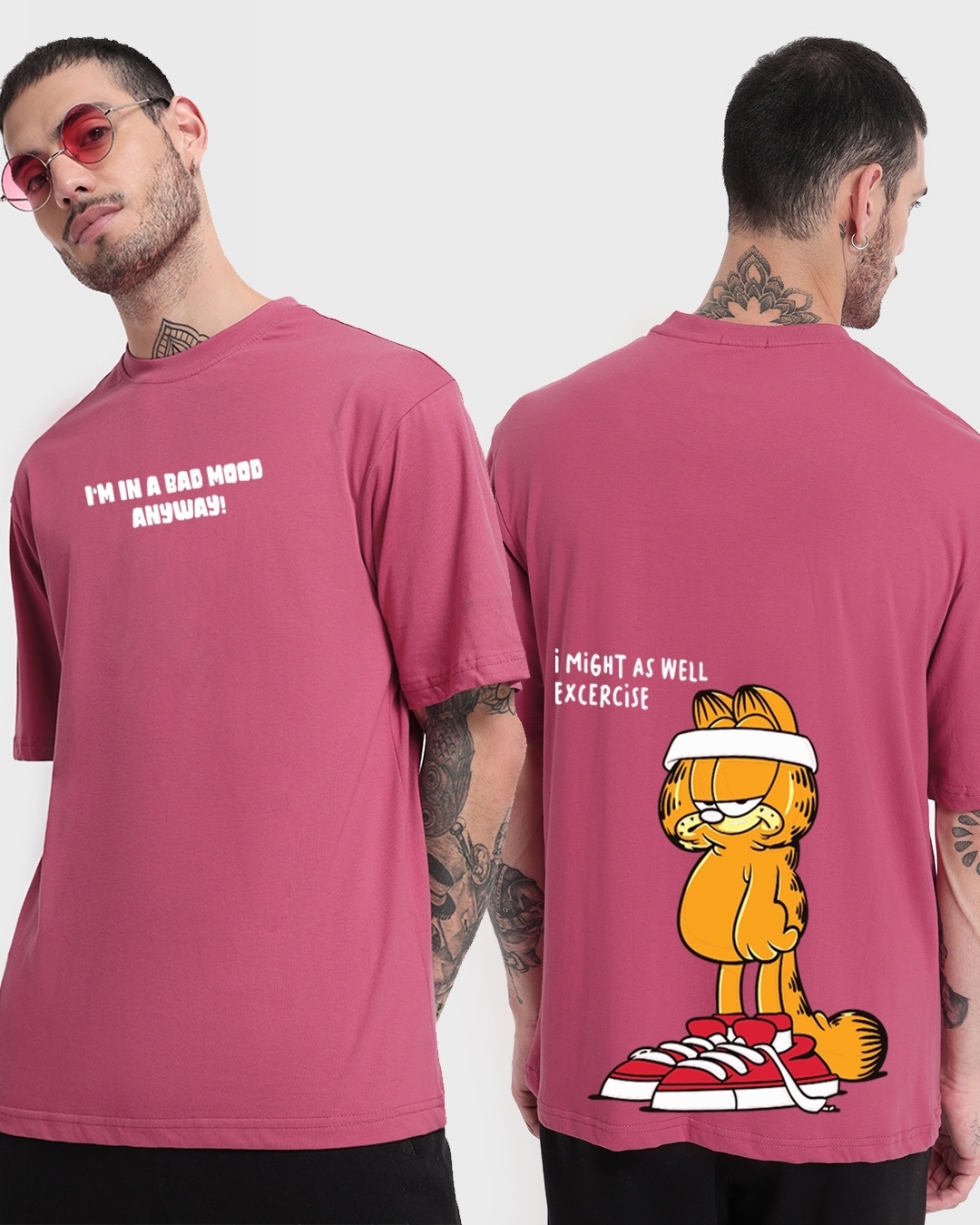Buy Men's Pink Garfield Workout Graphic Printed Oversized T-shirt ...
