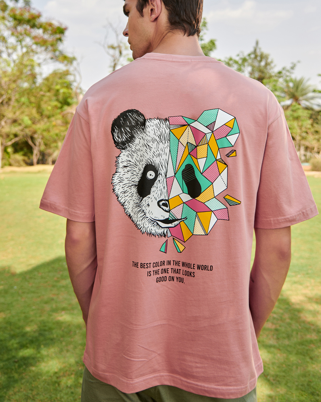Buy Men's Pink Geo Panda Graphic Printed Oversized T-shirt Online at ...