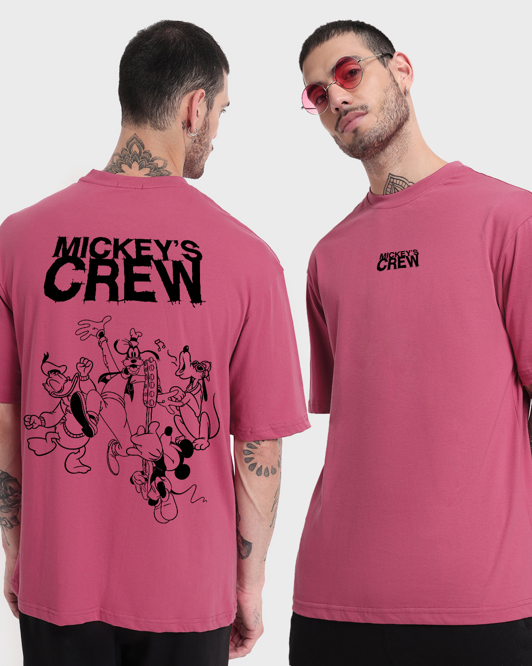 Buy Men's Pink Party With Mickey's Crew Graphic Printed Oversized T-shirt Online at Bewakoof