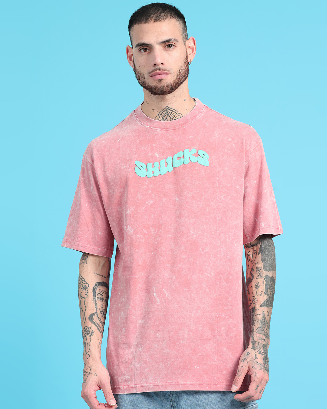 Buy Men's Pink Puff Printed Oversized Acid Wash T-shirt Online at Bewakoof