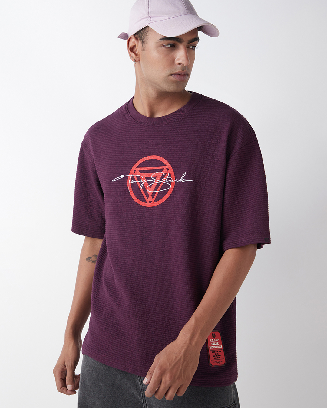 Buy Men's Plum Purple Stark Badge Textured Oversized T-shirt Online at Bewakoof