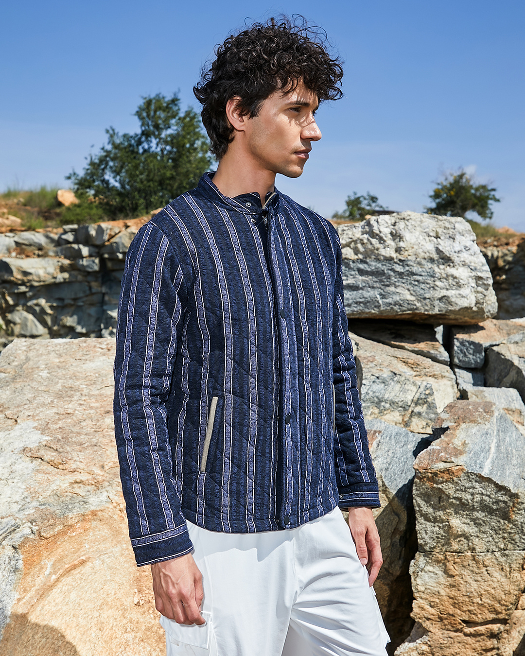 Buy Men's Prussian Blue & Black Striped Zipper Bomber Jacket Online at ...