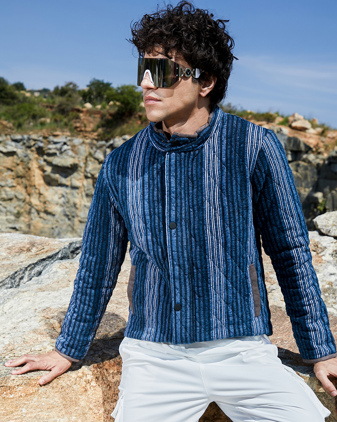 Buy Men's Prussian Blue & Black Striped Zipper Bomber Jacket Online at ...