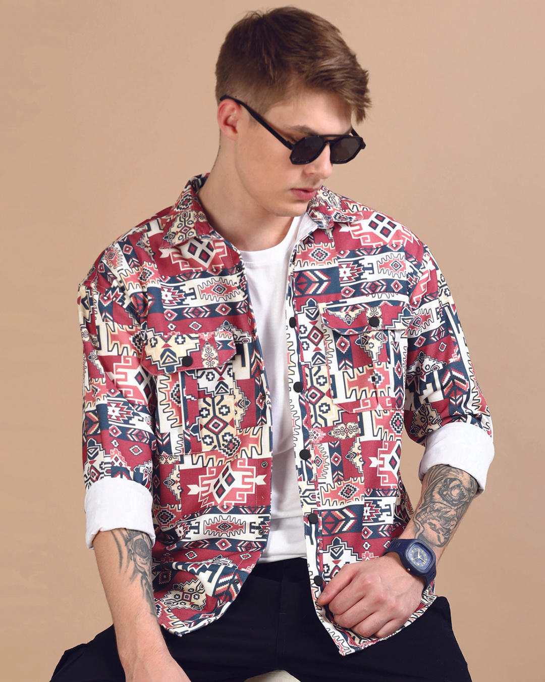 Buy Men's Red All Over Printed Oversized Shacket Online at Bewakoof