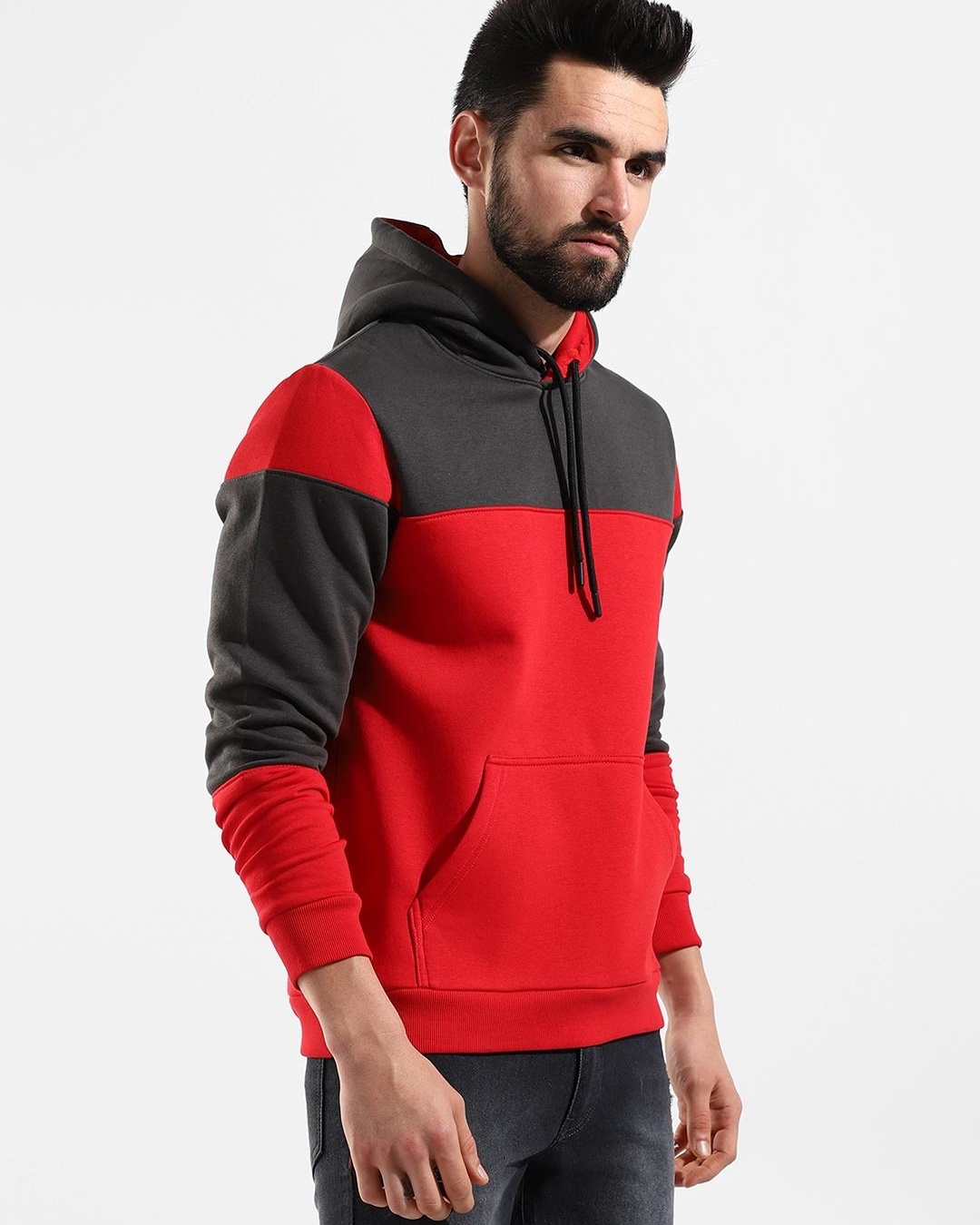Buy Men's Red & Black Color Block Hoodie Online at Bewakoof