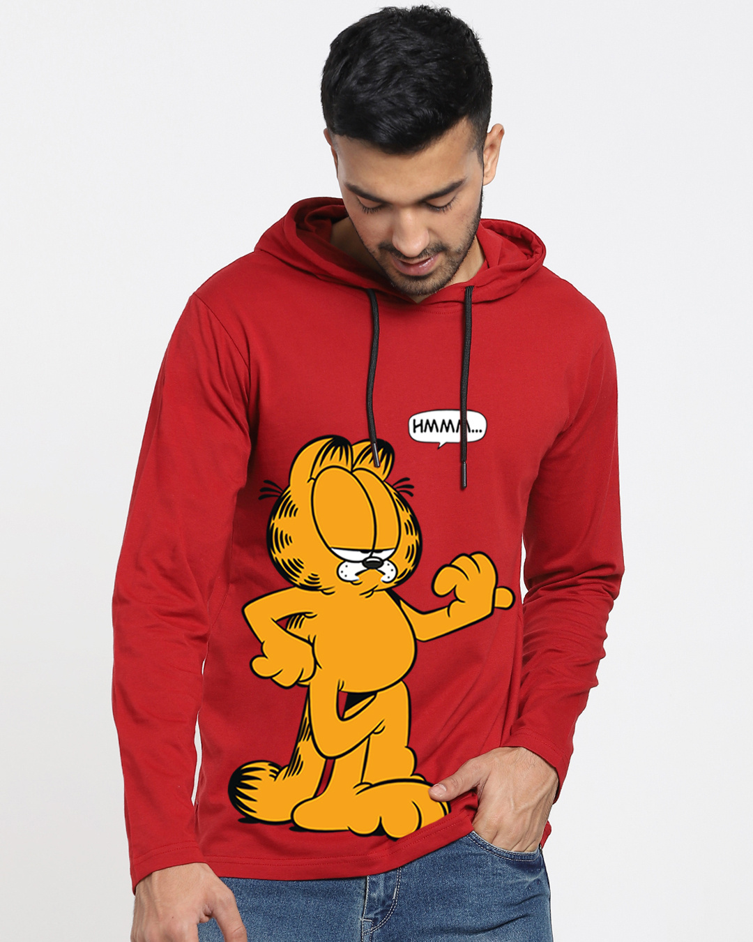Buy Men's Red Garfield Graphic Printed Hoodie T-shirt Online at Bewakoof