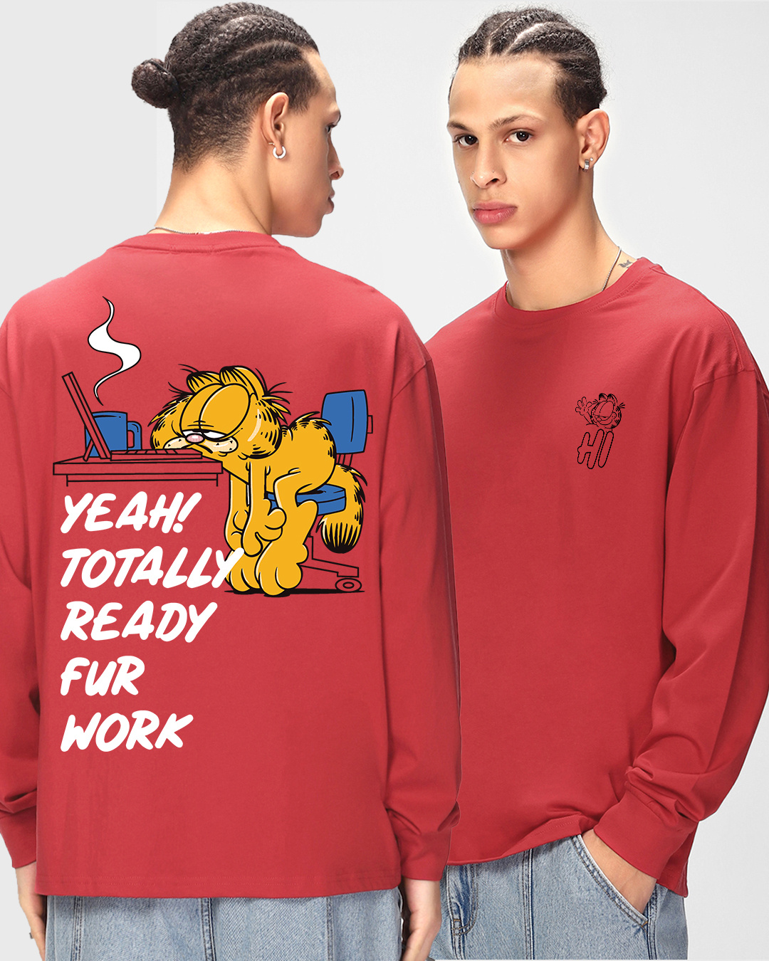 Buy Men's Red Lazy Garfield Graphic Printed Oversized T-shirt Online at ...