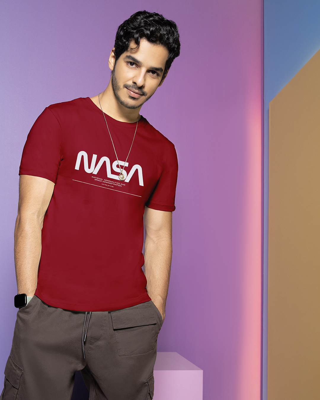 Buy Men's Red Spaced NASA Typography T-shirt Online at Bewakoof