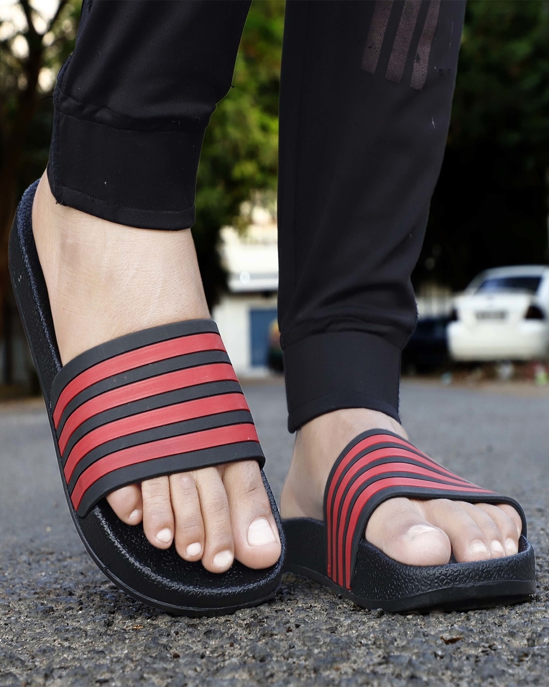 Buy Men's Red Striped Sliders Online in India at Bewakoof