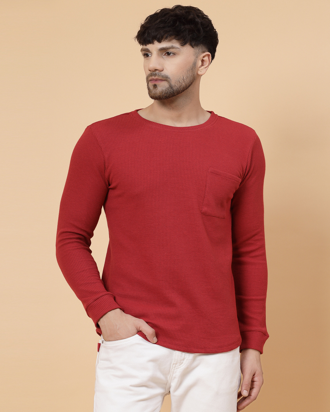 Buy Men's Red Waffle Knitted T-Shirt Online at Bewakoof